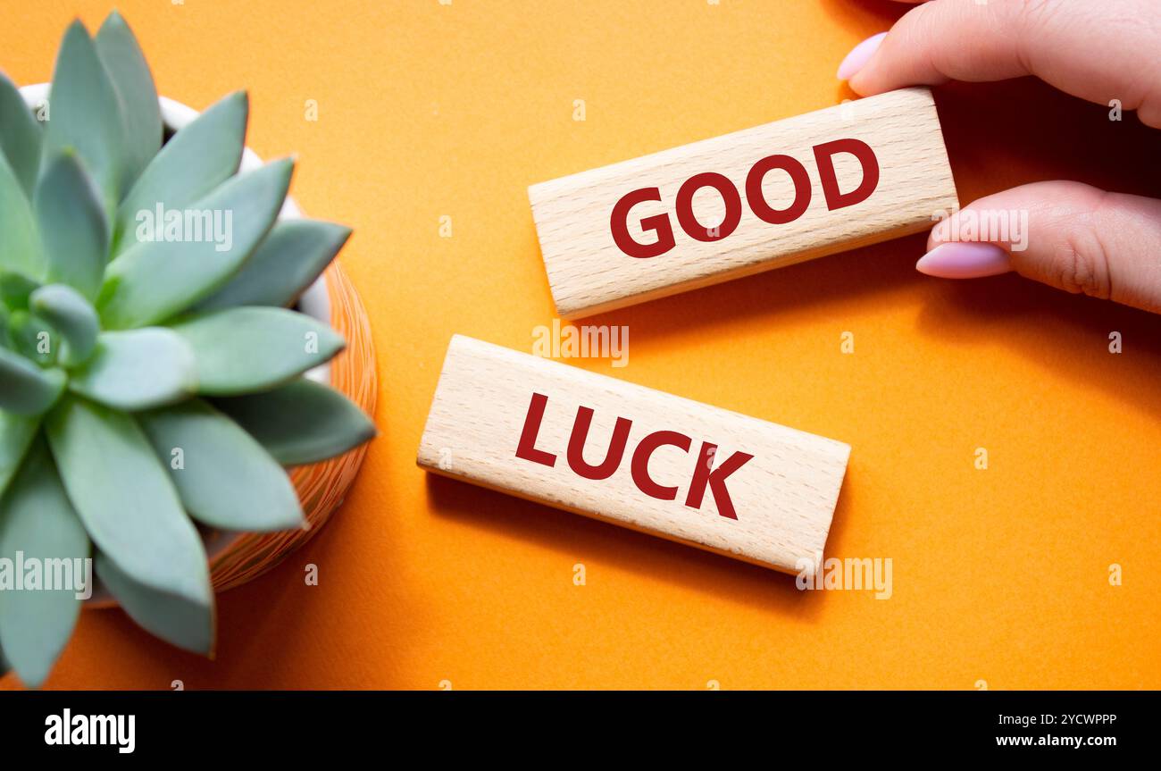 Good luck symbol. Wooden blocks with words Good luck. Beautiful orange ...