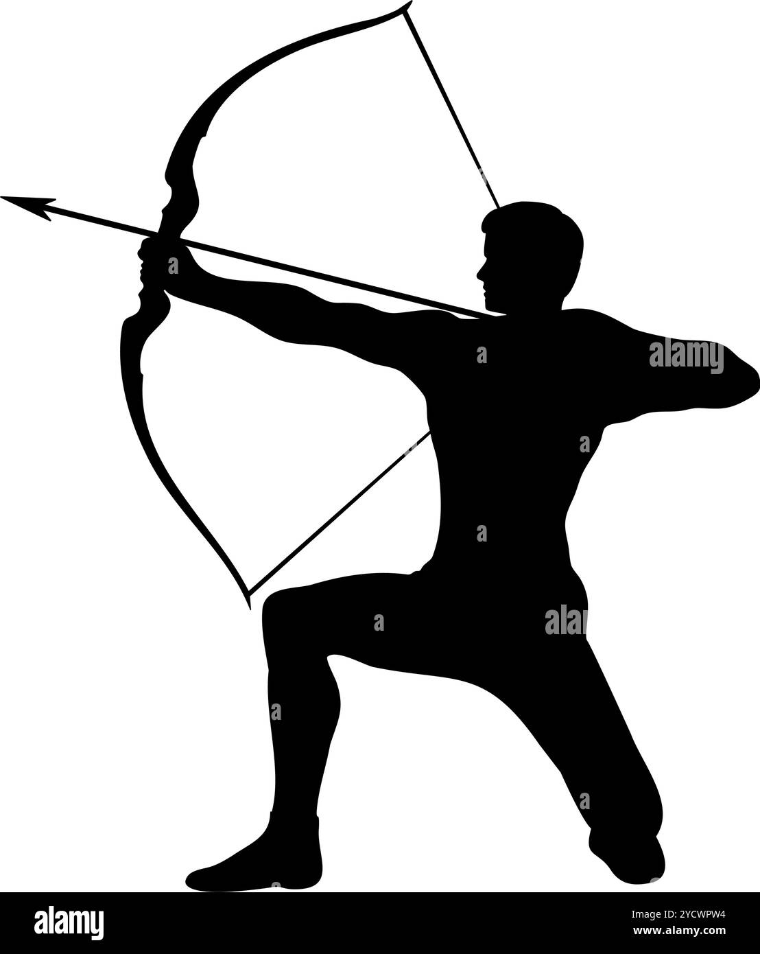 Silhouette of a businessman aiming with a bow and arrow at his target ...