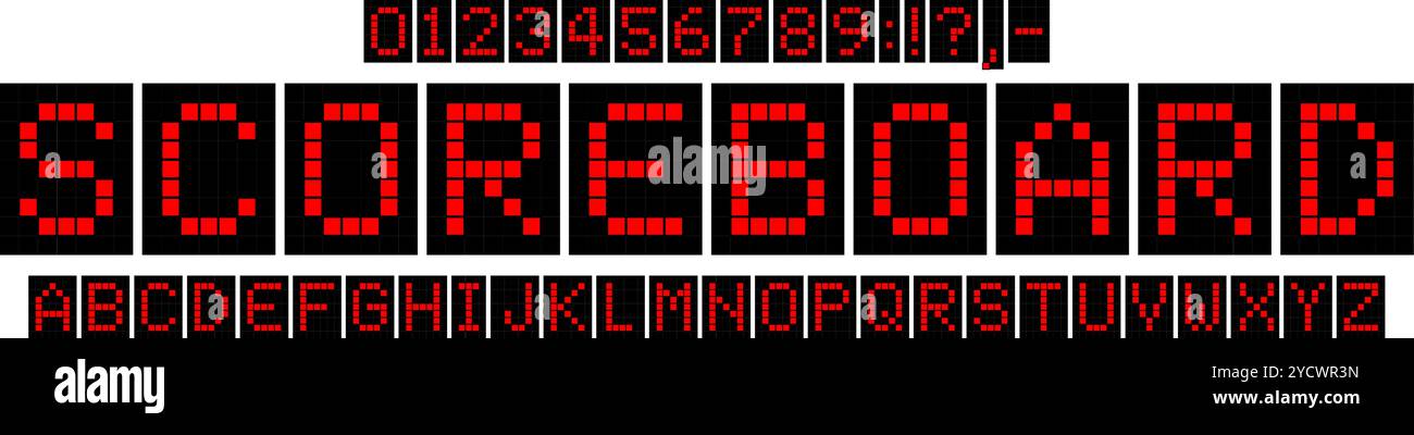 Digital scoreboard font with pixel-style letters in red on a black background, evoking classic ...