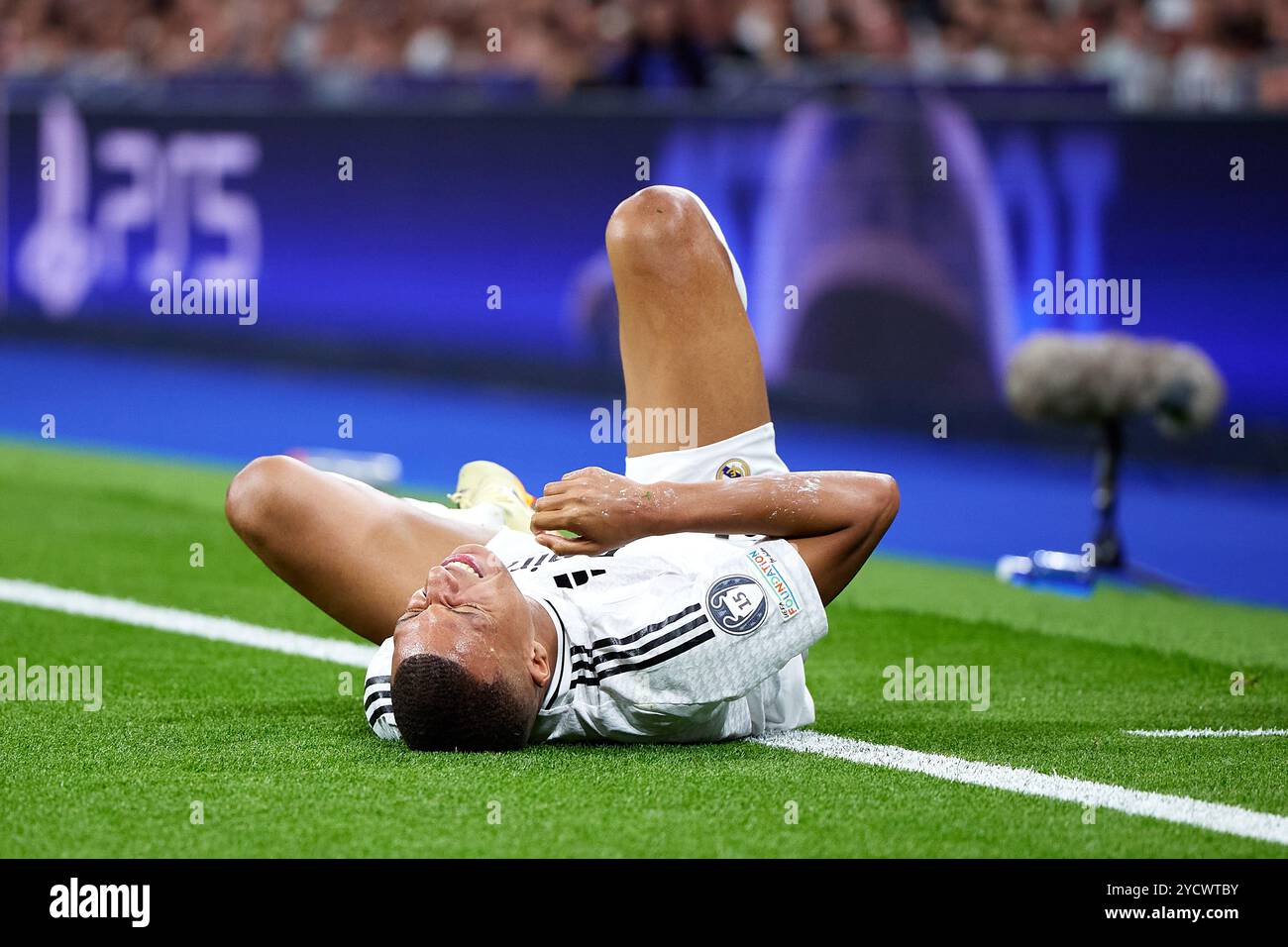 MADRID, SPAIN - OCTOBER 22: Kylian Mbappe of Real Madrid lies injured ...