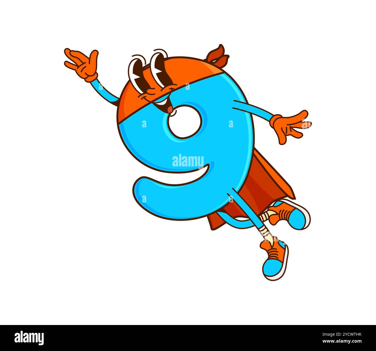 Cartoon groovy math number nine superhero character in hippie shoes ...