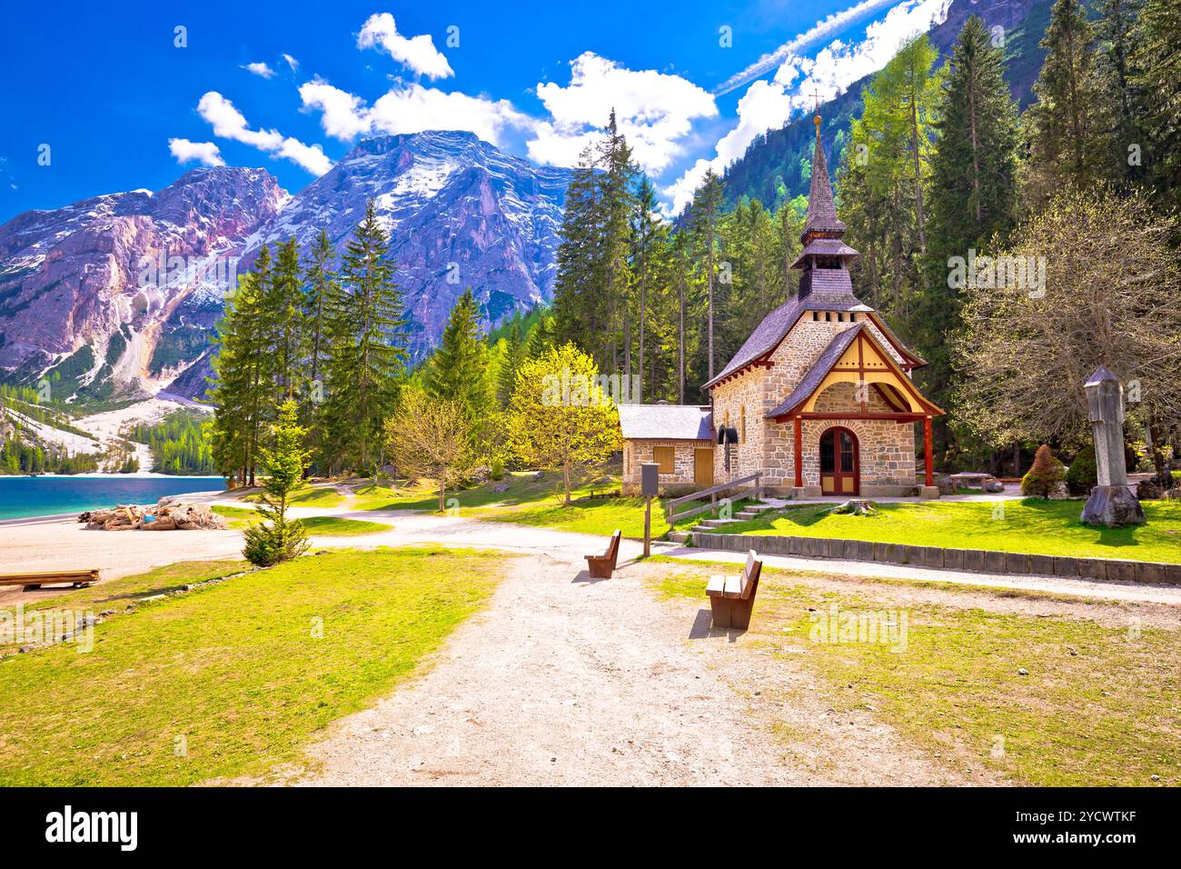 Church and Braies lake in Dolomite Apls Stock Photo - Alamy