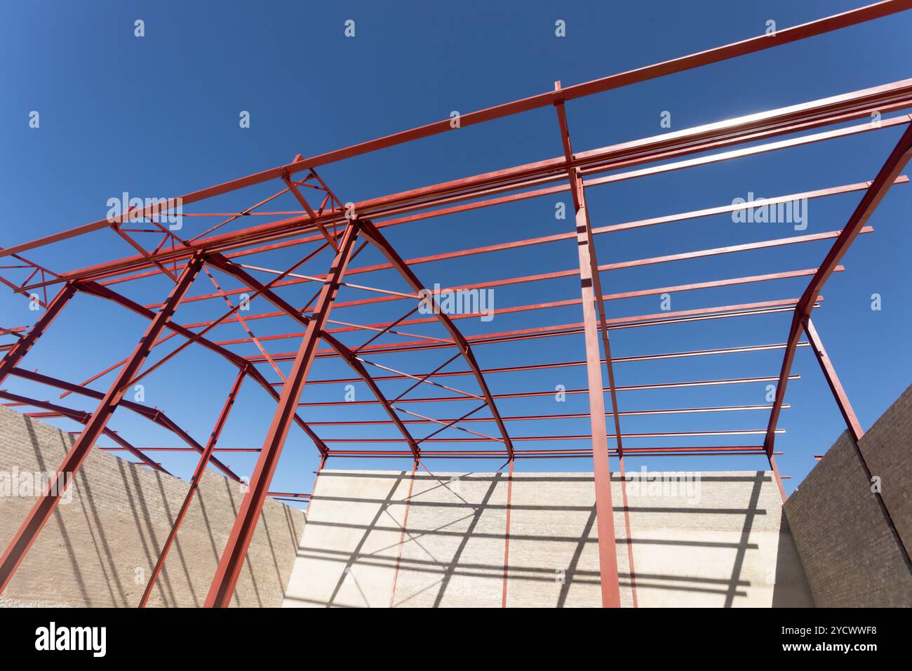 Metal roof structure. Steel structure , trusses, of modern warehouse ...