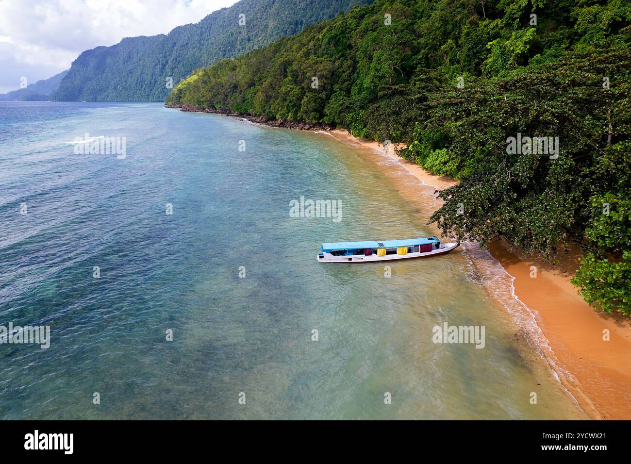Aerial view of a wooden boat and orange sandy beach surrounded with ...