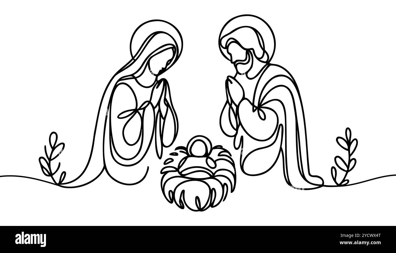 Continuous one line Christmas vector Christian nativity scene of baby ...
