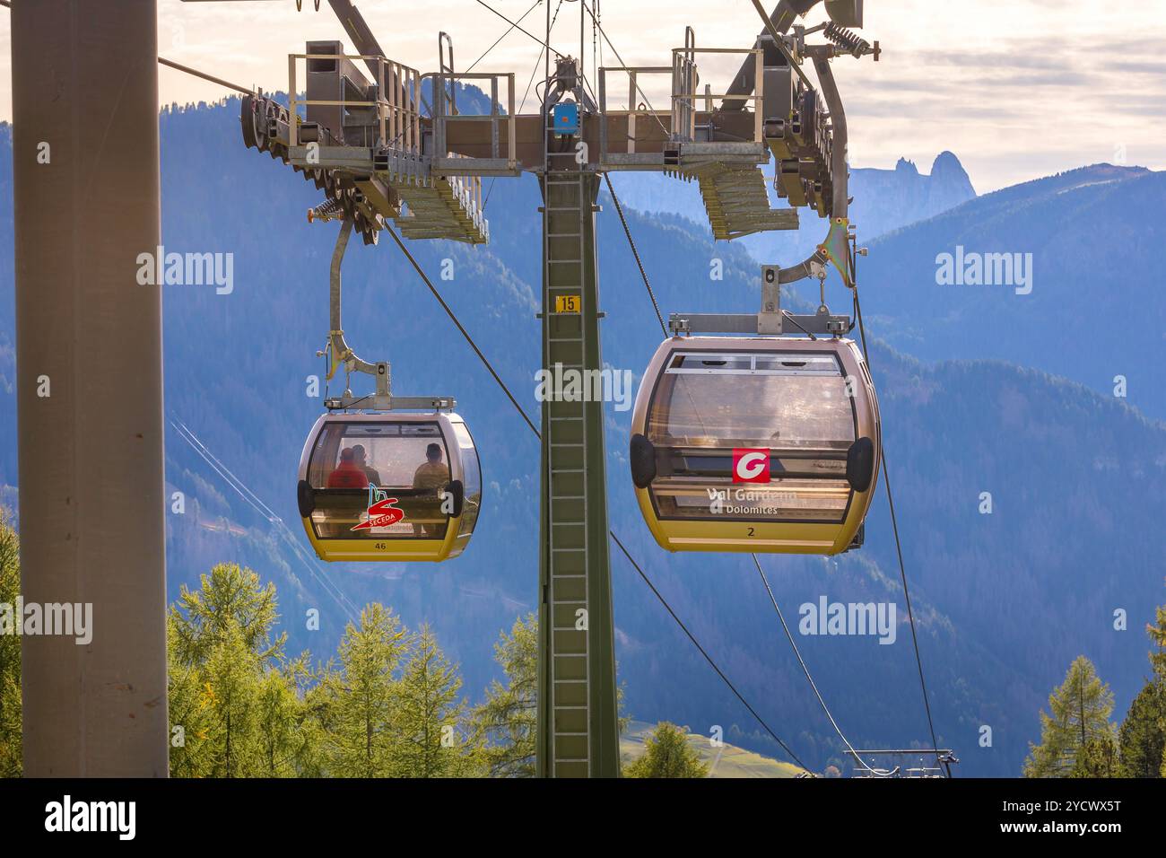 Ortisei, Italy - September 29, 2024: Cable car cabins to Furnes, part ...