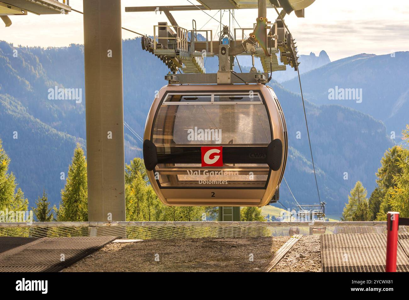 Ortisei, Italy - September 29, 2024: Cable car cabin to Furnes, part of ...