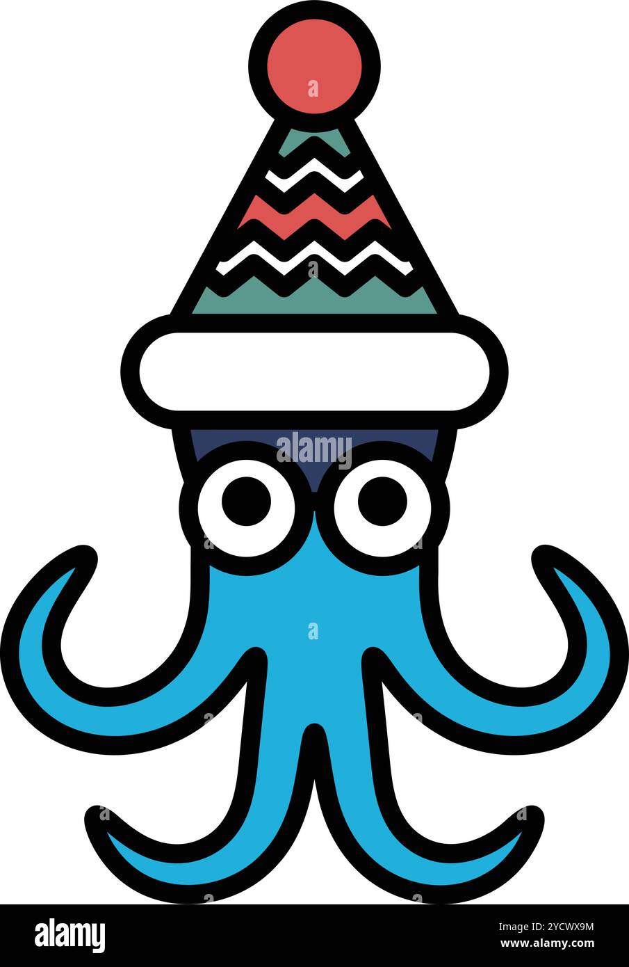 A cartoon octopus wearing a hat and a red and blue striped scarf. The ...