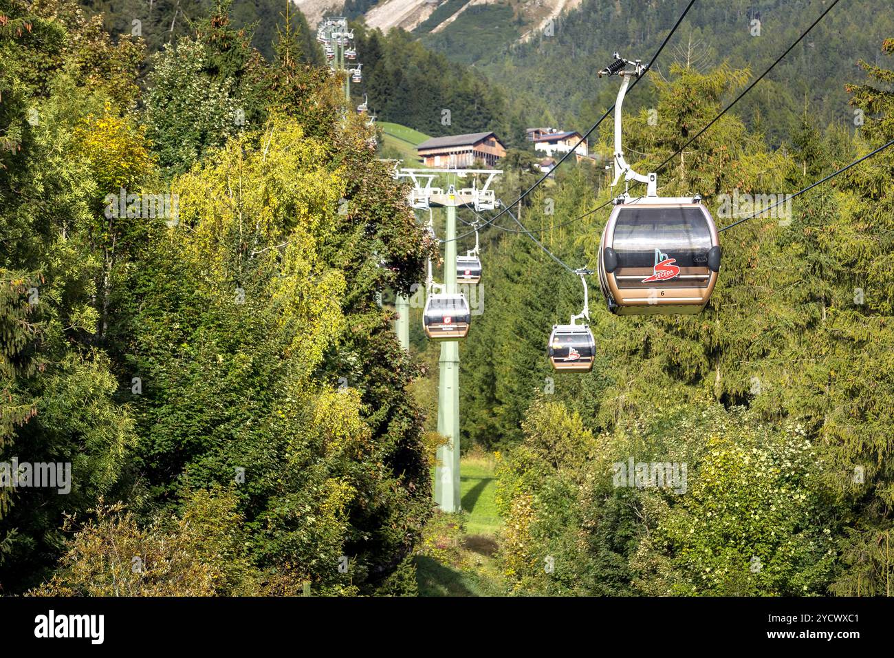 Ortisei, Italy - September 29, 2024: Cable car cabins to Furnes, part ...