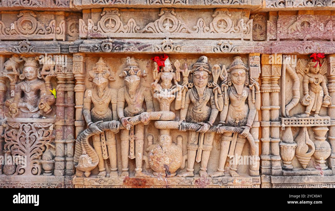 Carved scene of Samudramanthana on Hatkeshwar Temple, Vadnagar, Mehsana ...