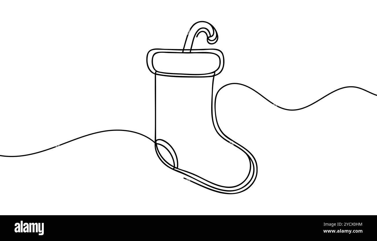 Continuous one line of hanging christmas sock in silhouette on a white ...