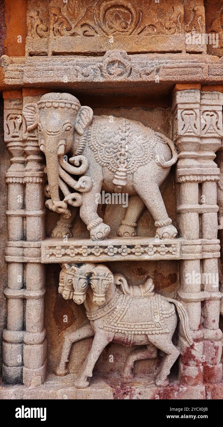 Sculpture of an elephant with seven trunks and a horse with five heads ...