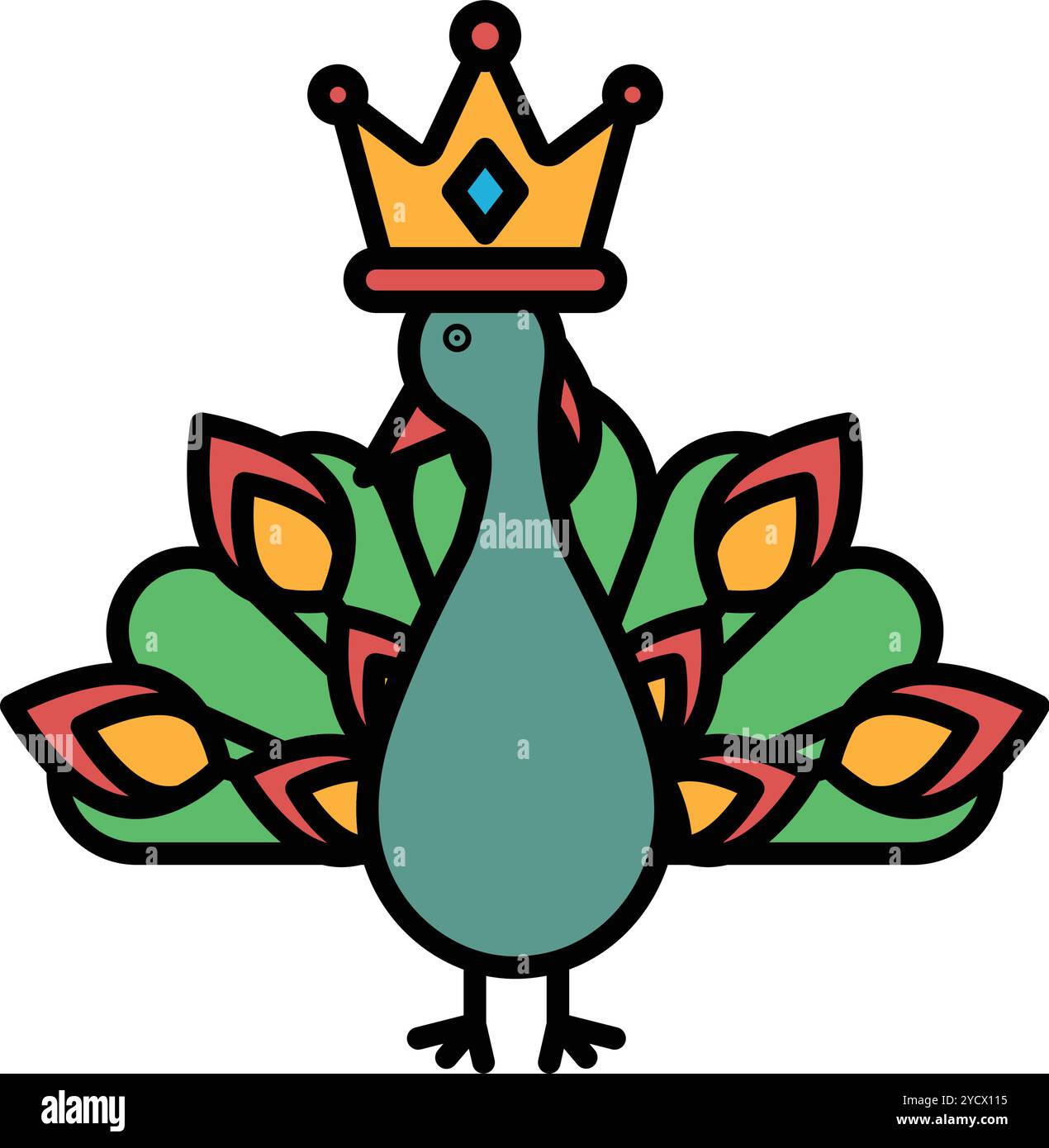 A cartoon bird with a crown on its head. The bird is green and yellow ...