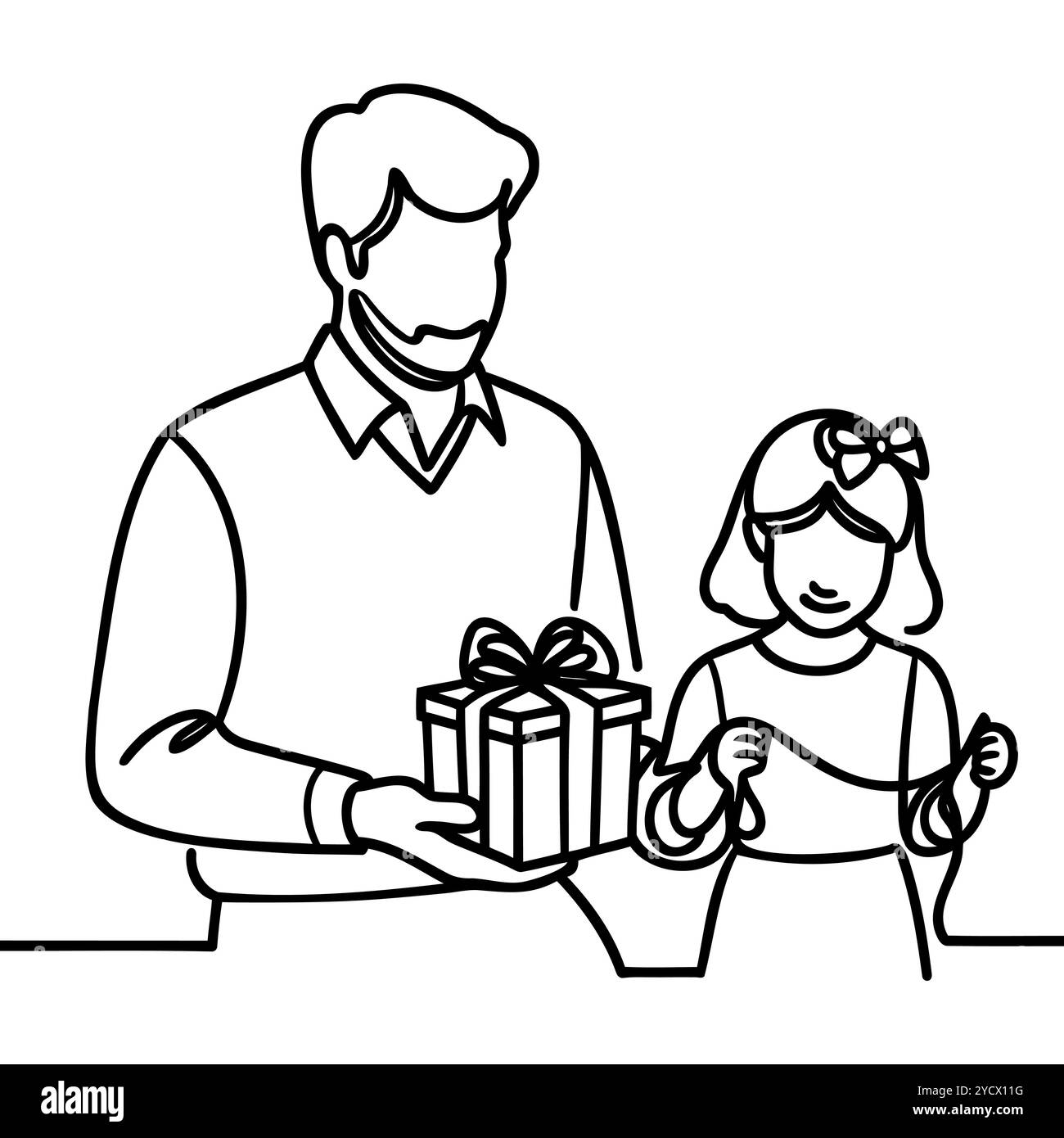 Continuous one line drawing of father giving gift to daughter, children ...