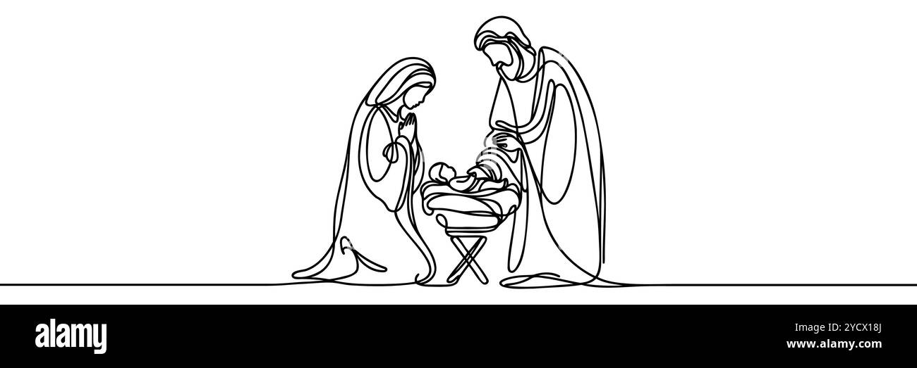 Continuous one line Christmas vector Christian nativity scene of baby ...