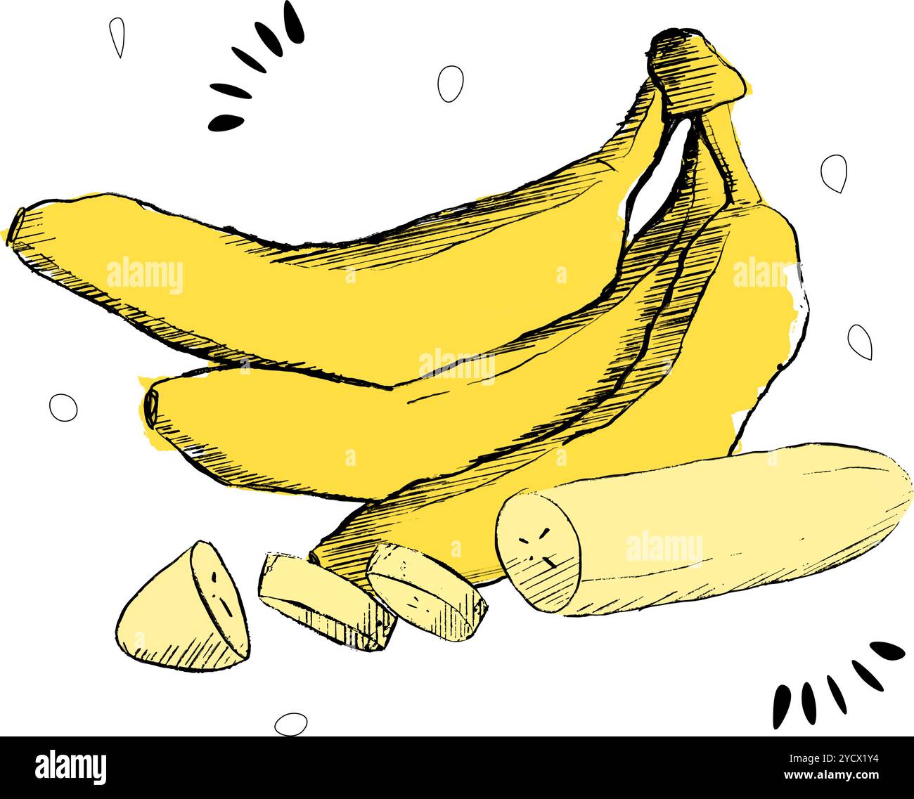 Three bananas with slices forming a composition are isolated on a white ...