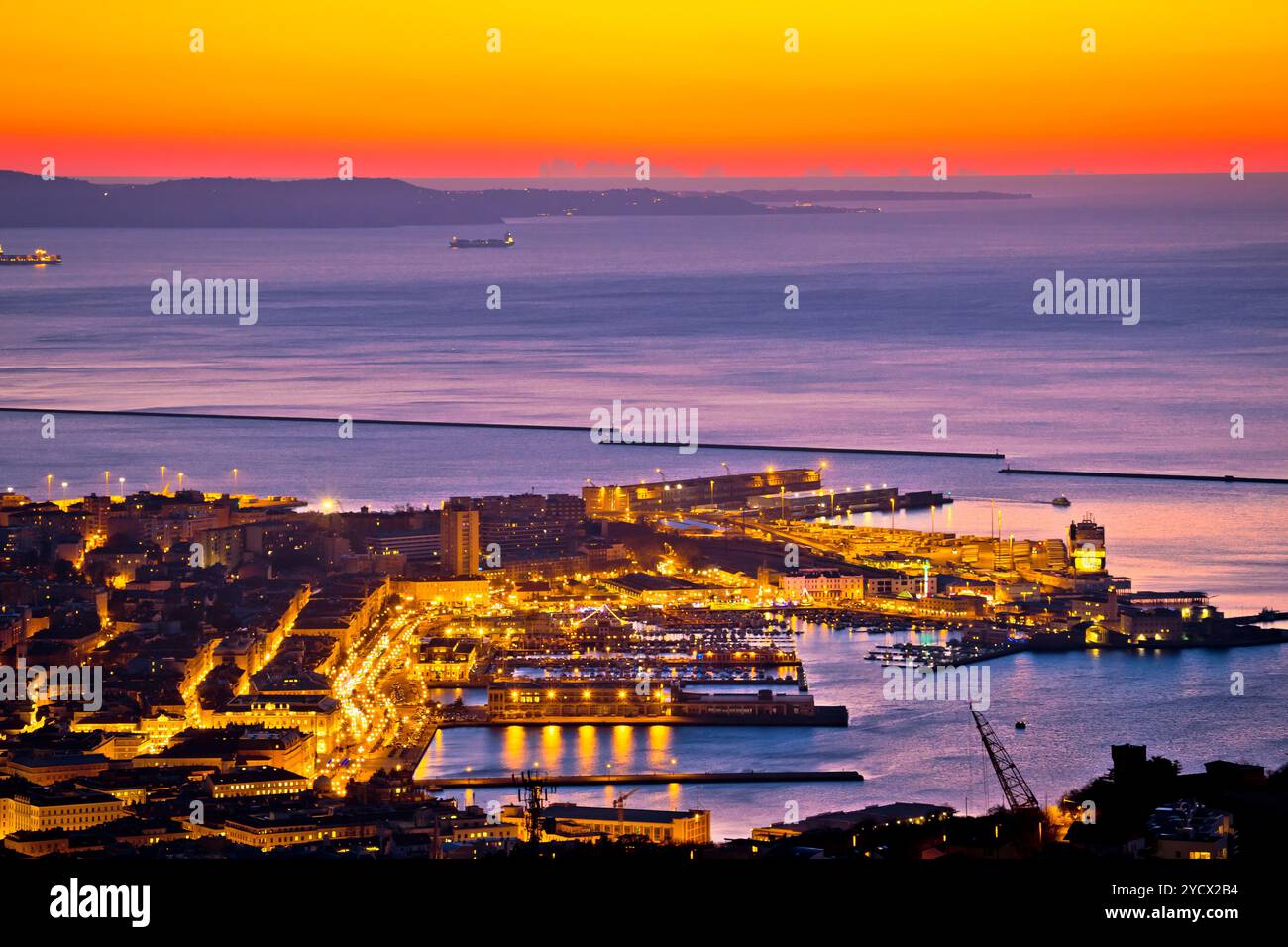 Aerial evening view of Trieste city center and waterfront Stock Photo ...