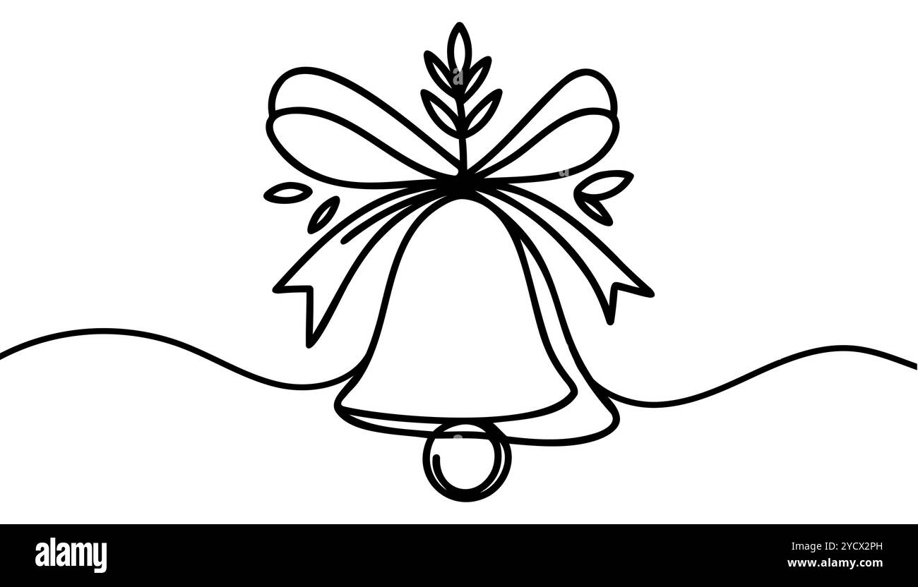 Christmas bell one line drawing of minimalist outline vector ...