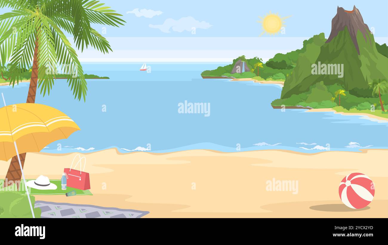 Sunny sand beach landscape cartoon vector illustration Stock Vector ...