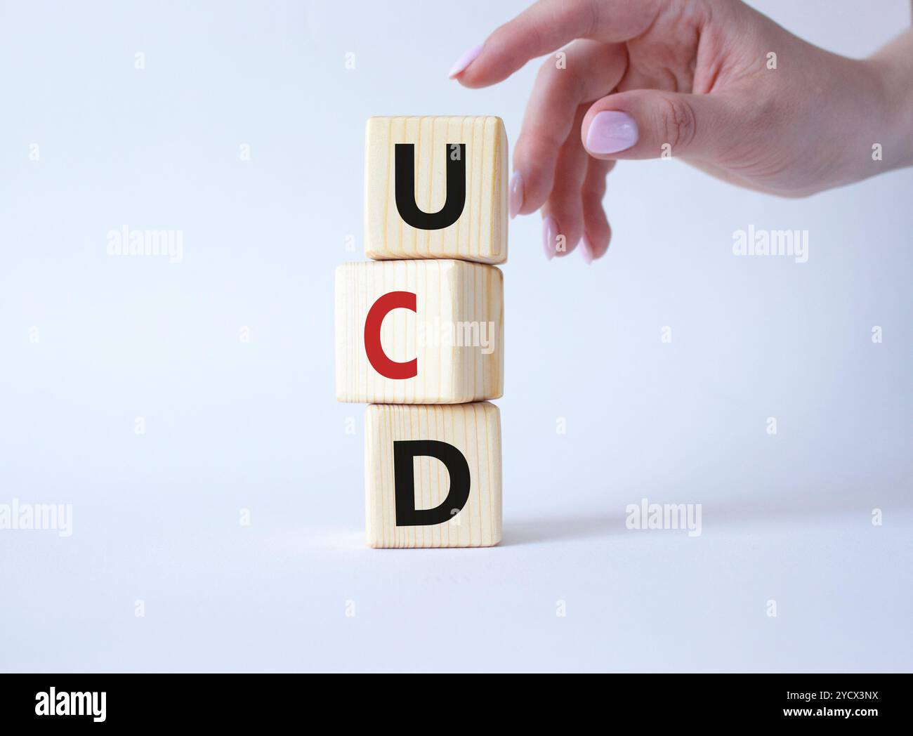 UCD - User Centered Design. Wooden cubes with word UCD. Businessman ...