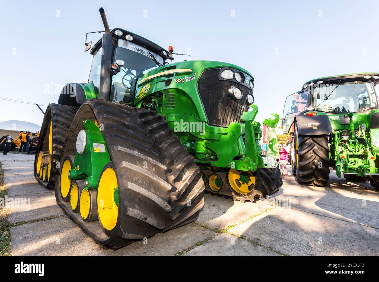 Rubber track John Deere 7830 agricultural tractor on display at the ... Rubber track John Deere 7830 agricultural tractor on display at the ...