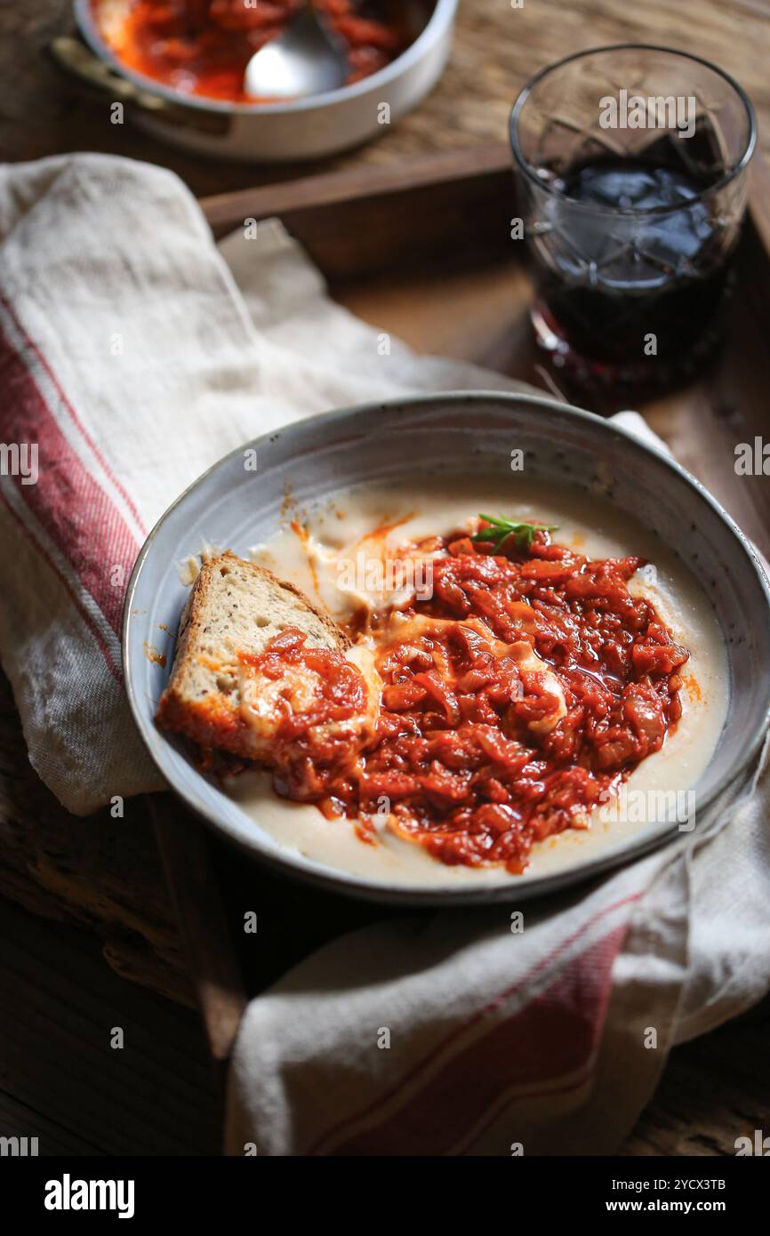 Romanian traditional white bean dip topped with caramelized onions ...