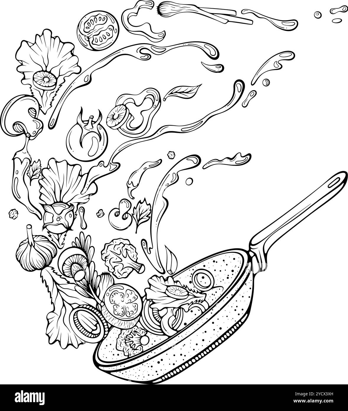 Flying vegetables on frying pan line art Stock Vector Image & Art - Alamy