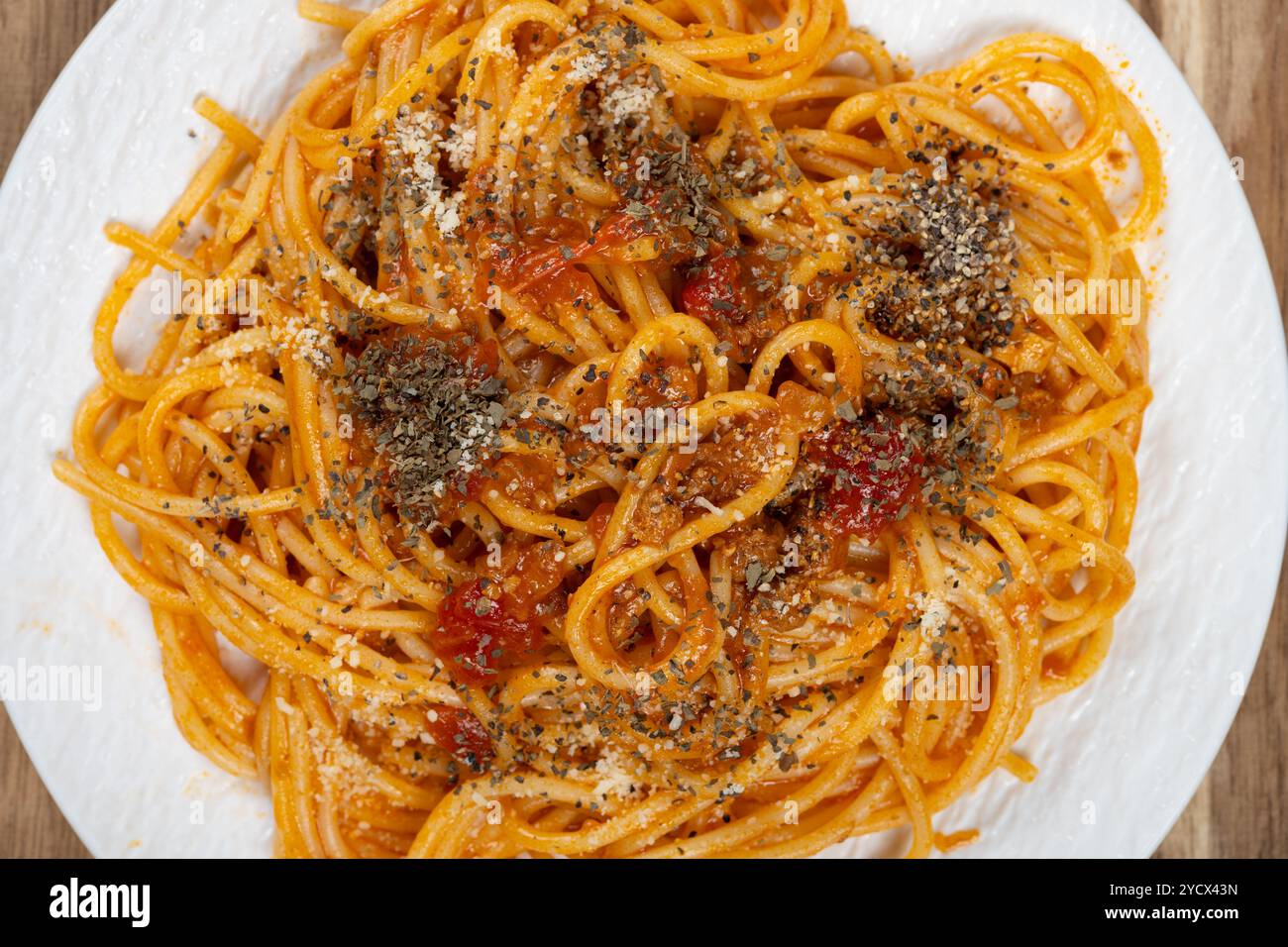 top view spaghetti with classic bolognese sauce at horizontal ...