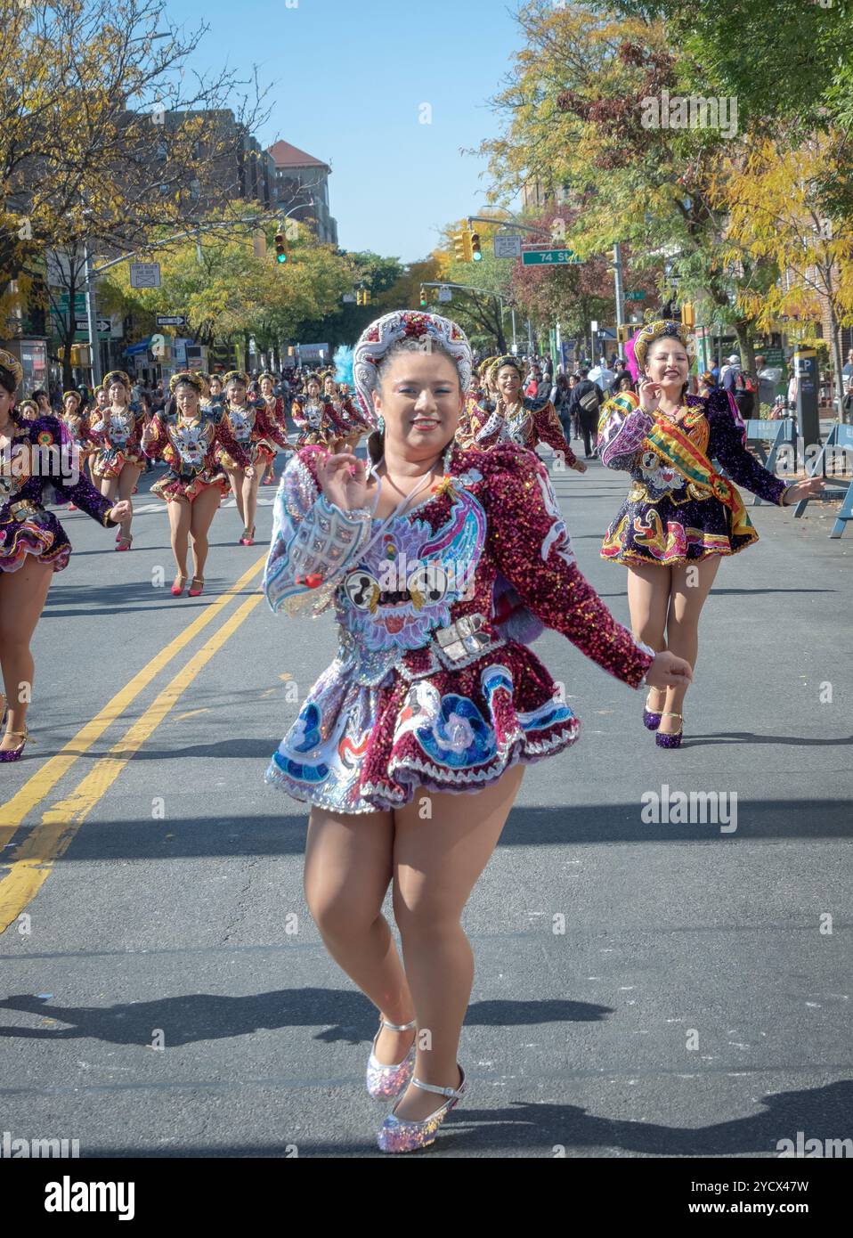 Dancers in ornate costumes from the San Simon group march in the 2024 ...