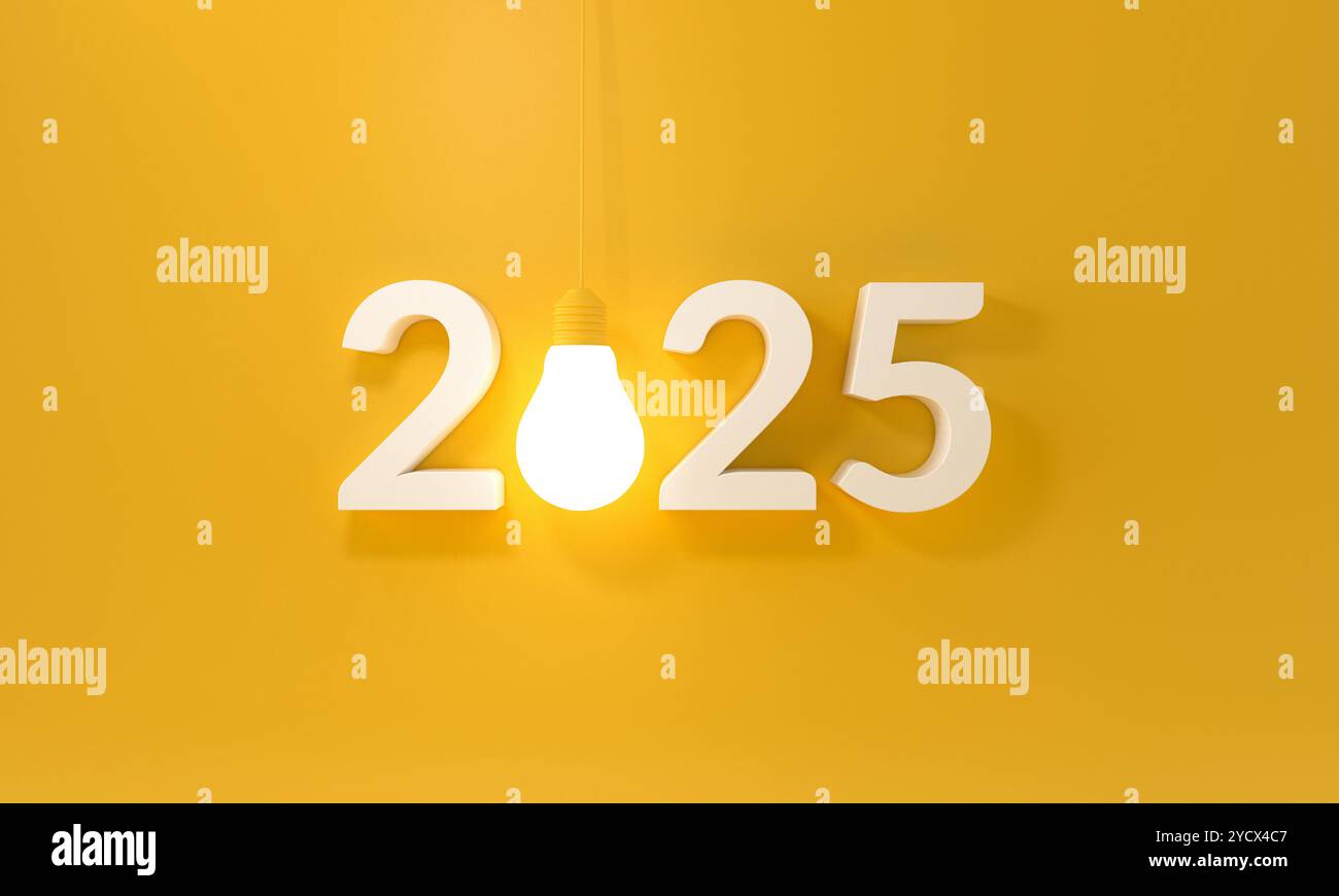 Minimalist 2025 design with a glowing lightbulb replacing the zero, set ...