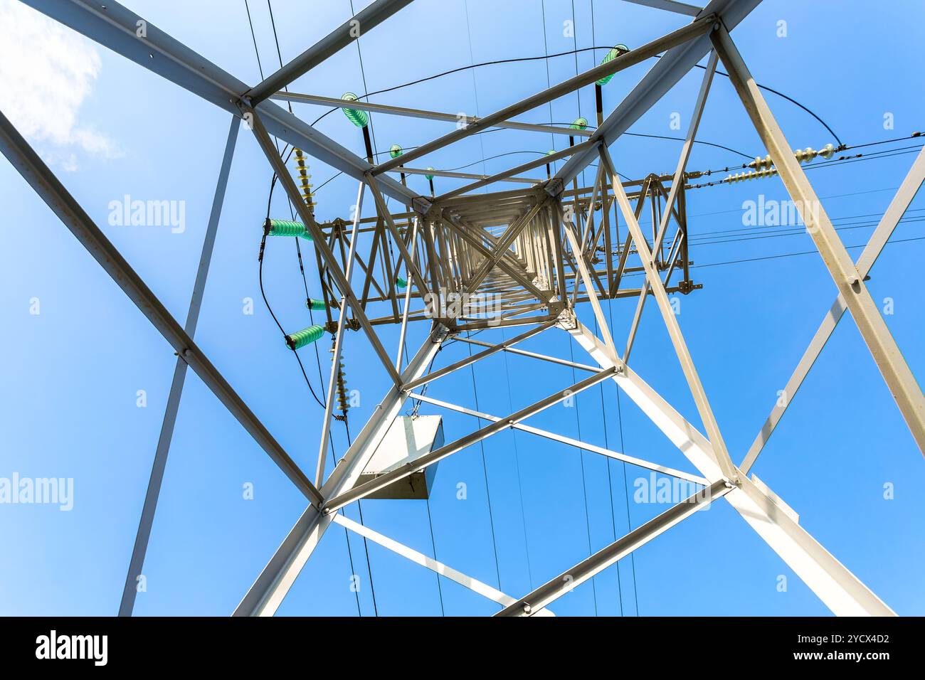 Inside view of the structure under power transmission tower. High ...