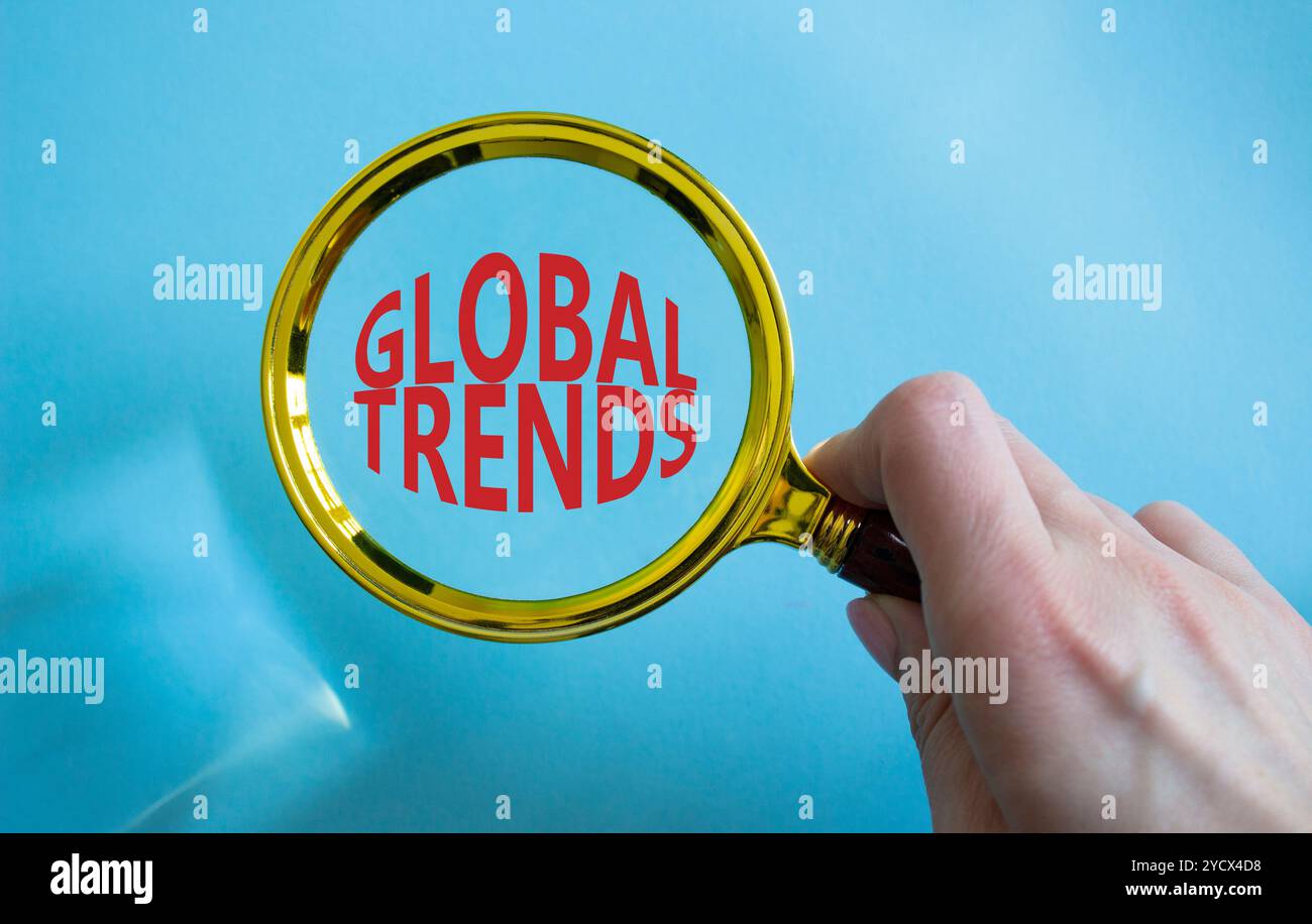 Global Trends symbol. Magnifying glass with words Global Trends ...