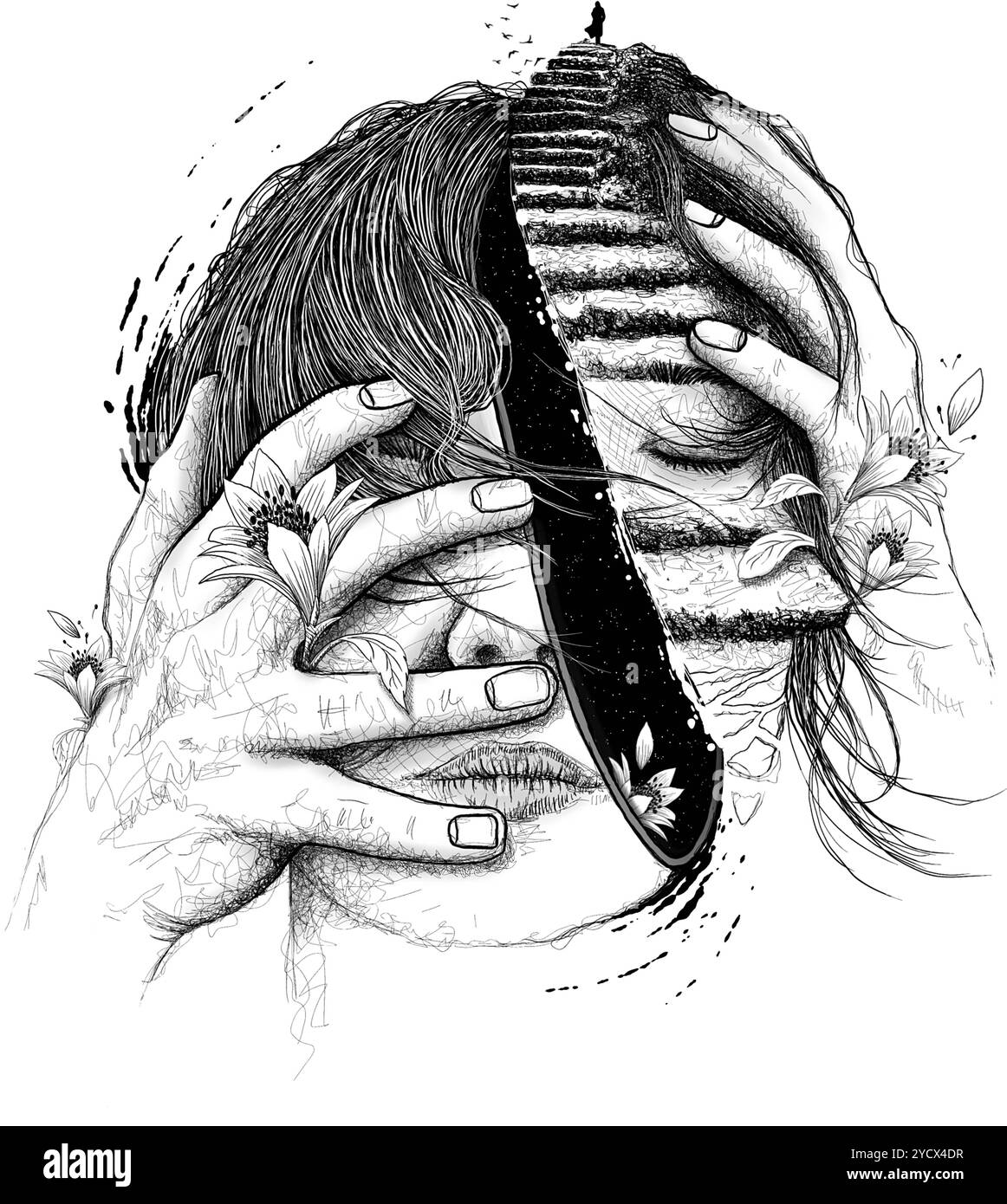 Hand drawn digital illustration of a woman on the path theme Stock ...