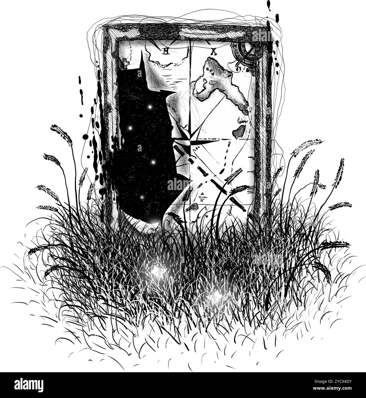 Digital illustration of a mirror shaped map with the sky and stars ...