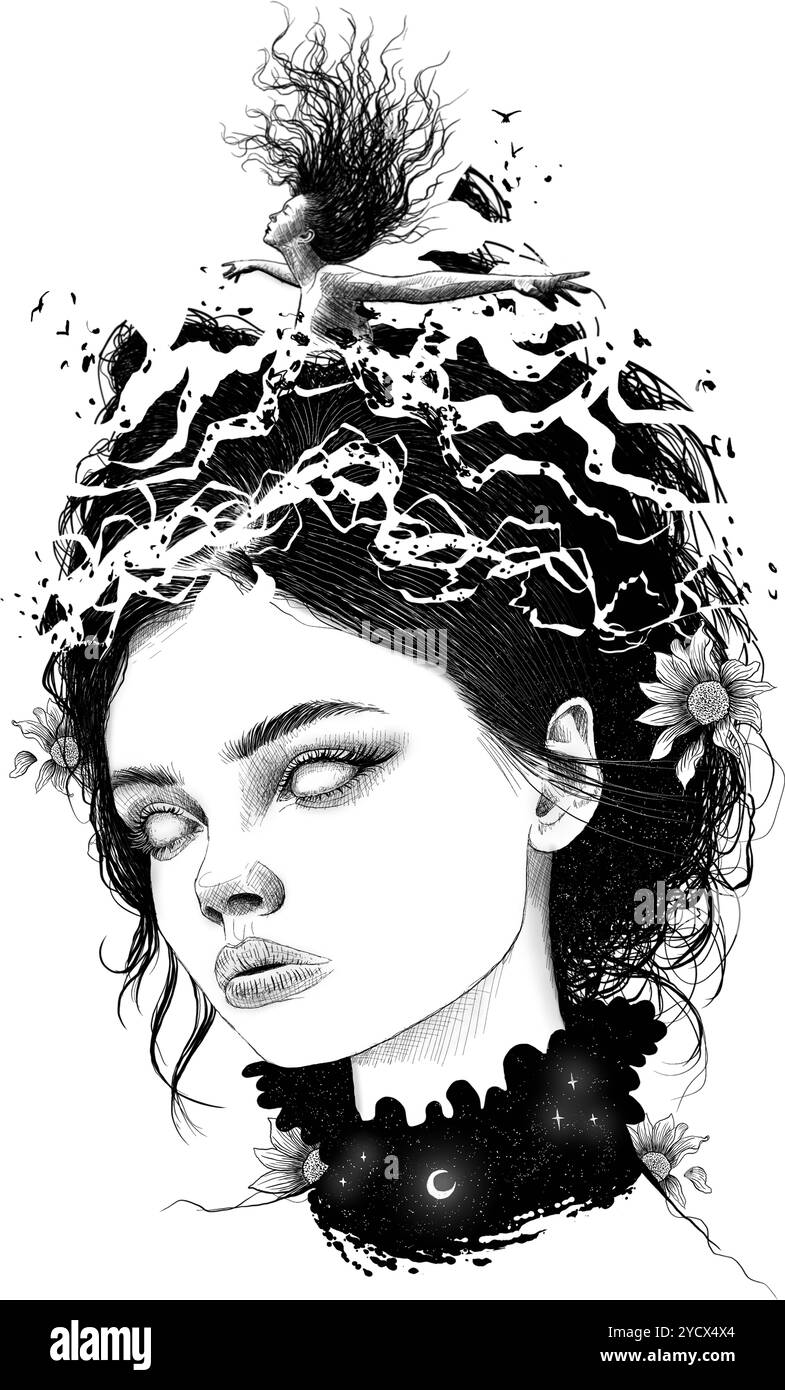 Portrait of Sad Woman Digital Illustration, Rise Sketch with Flowers ...