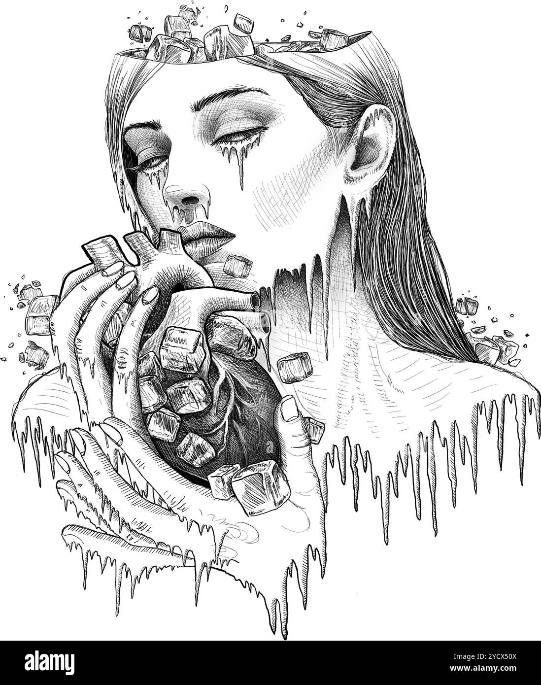 Frost illustration of woman holding ice heart.Black white digital ...