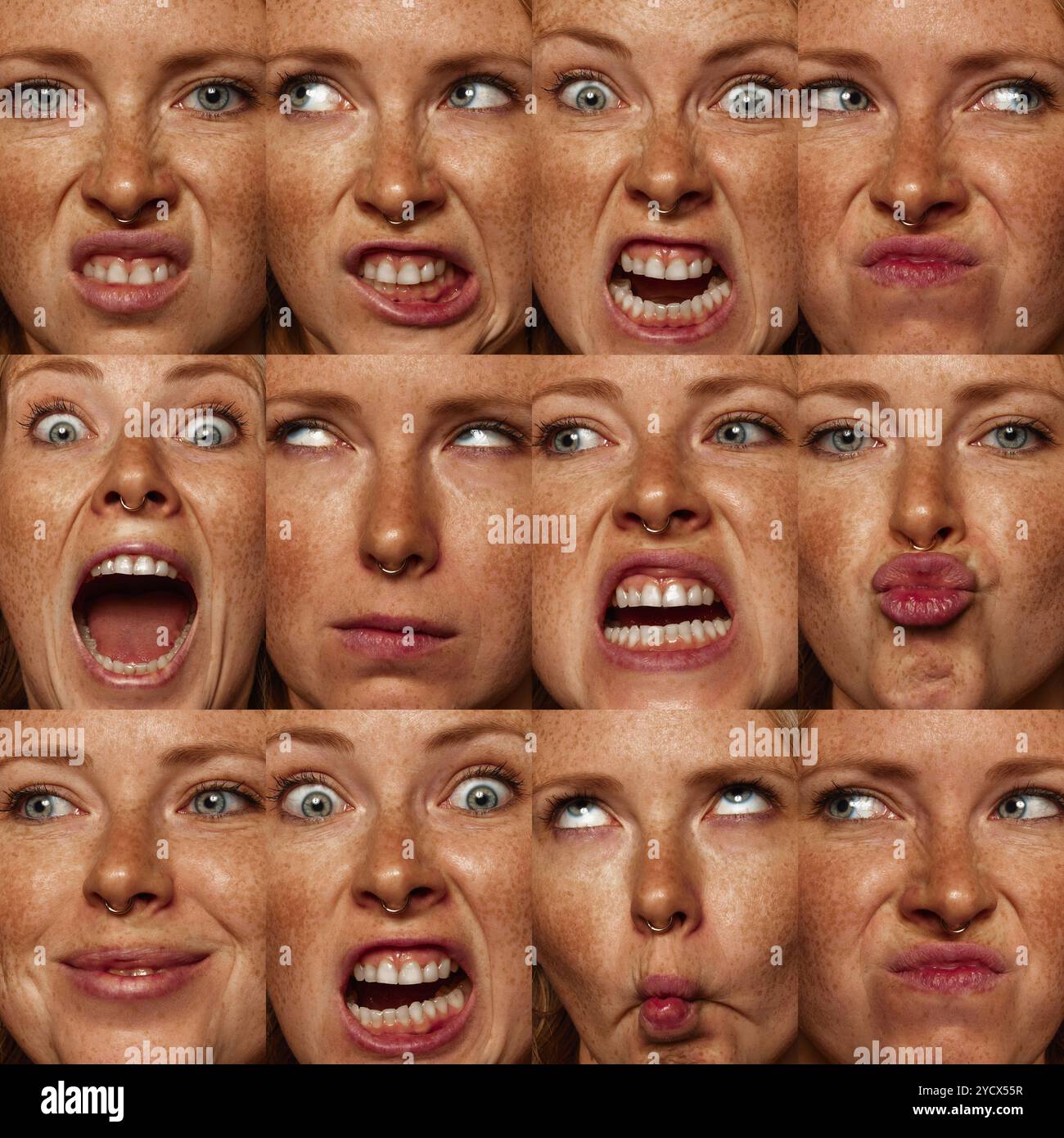 Collage. Close-up portraits of young woman with freckled face ...