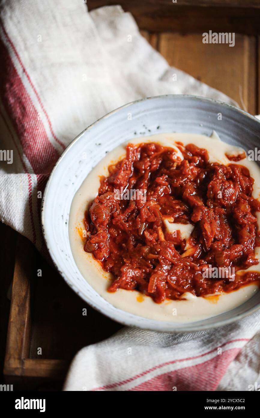 Romanian traditional white bean dip topped with caramelized onions ...