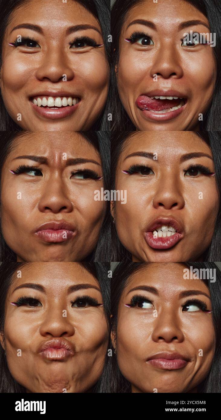 Collage. Close-up portrait of young Asian woman showing variety of ...