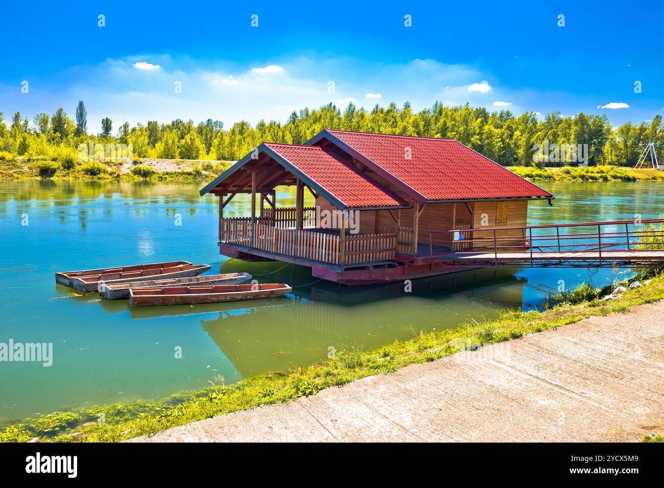 Drava river floating wooden cabin Stock Photo - Alamy