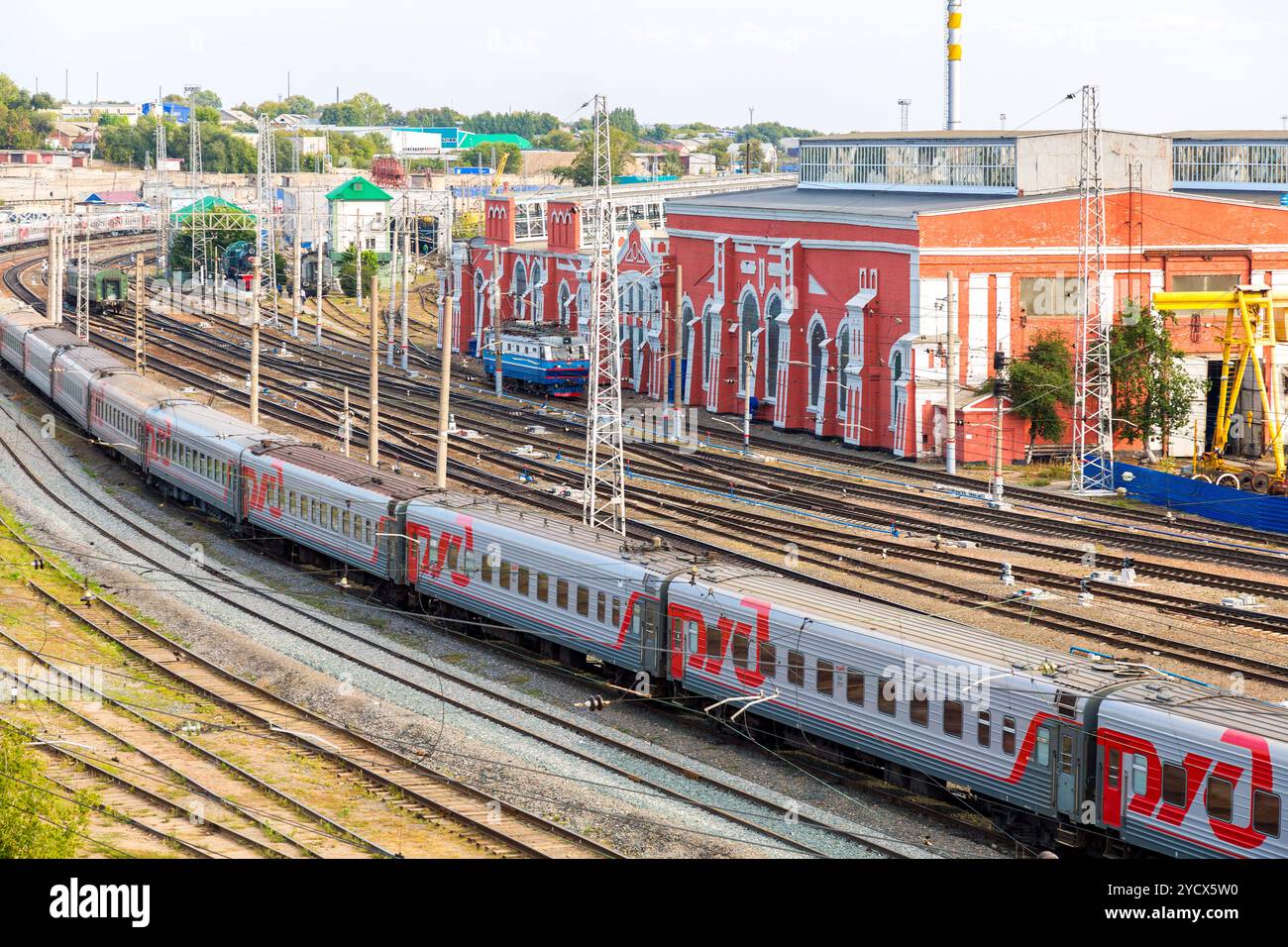 View on the railway track with train and railway depot at the Samara ...