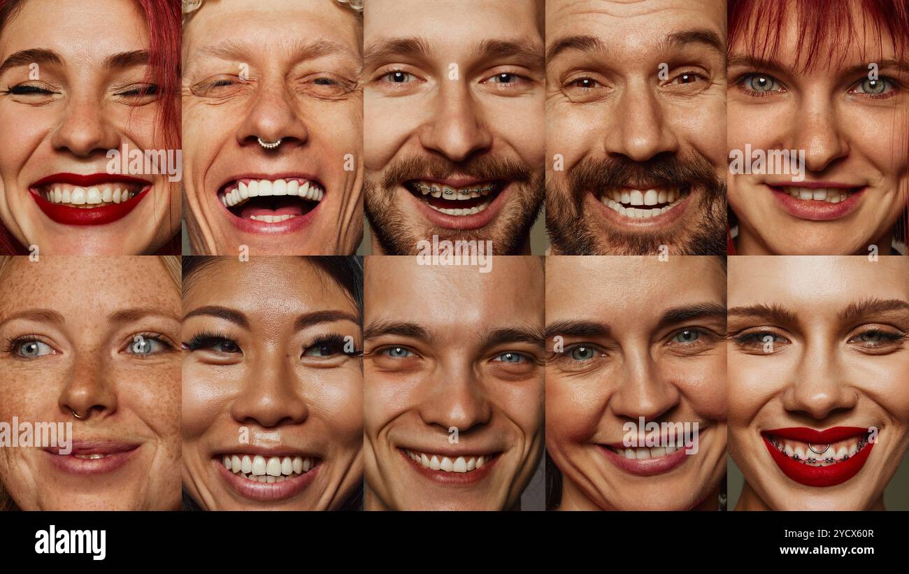 Collage. Close-up portraits of diverse group of men and women smiling ...