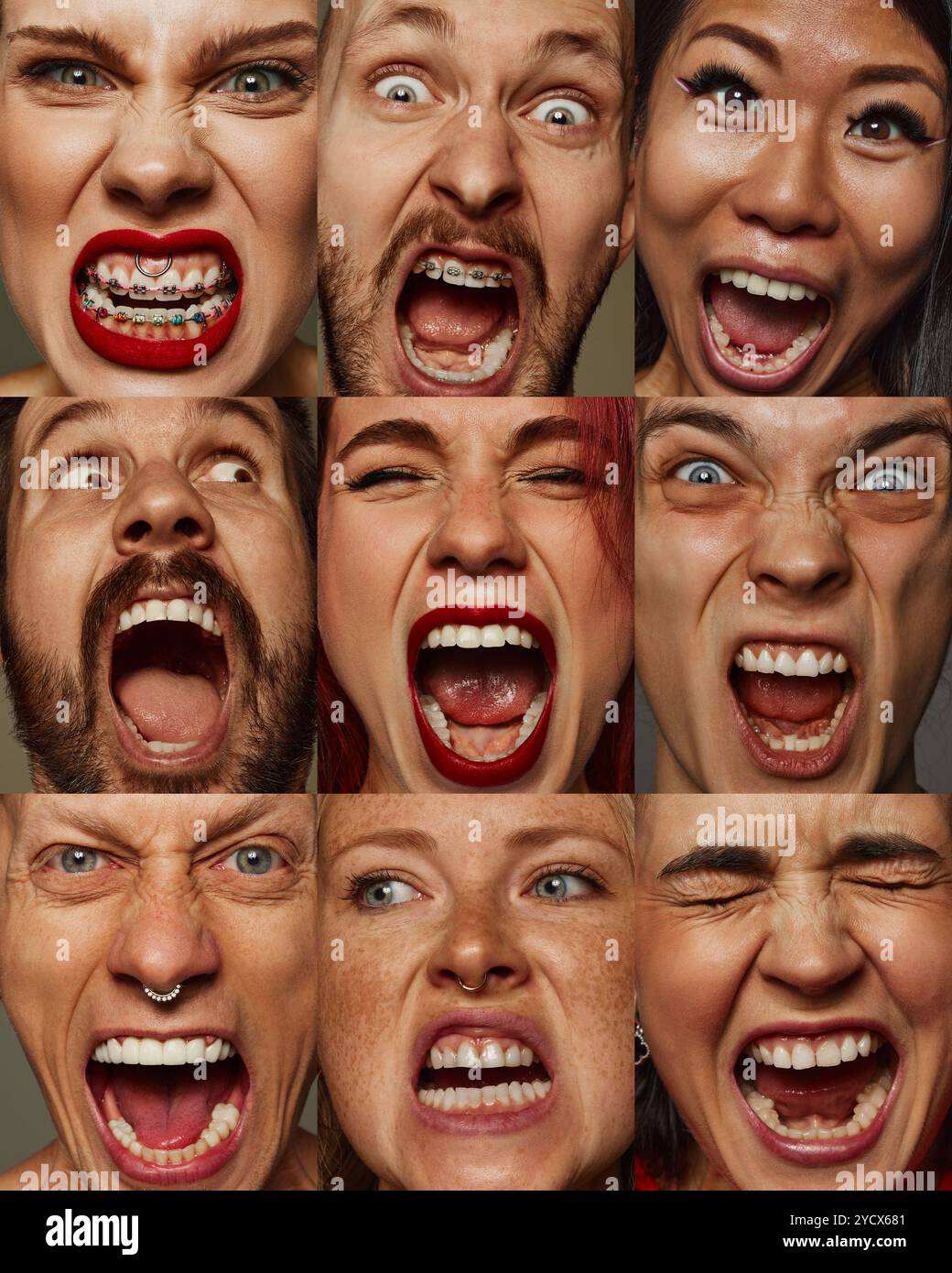 Collage. Diverse people showcasing intense shock and fear. Raw ...