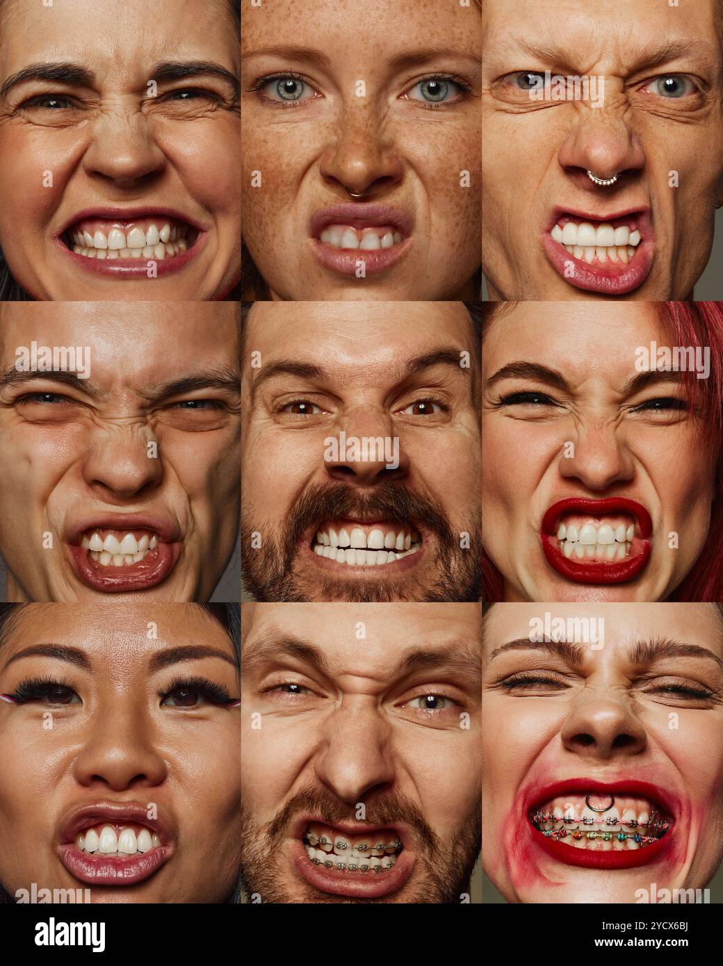 Collage of close-up portraits of different people, men and woman ...