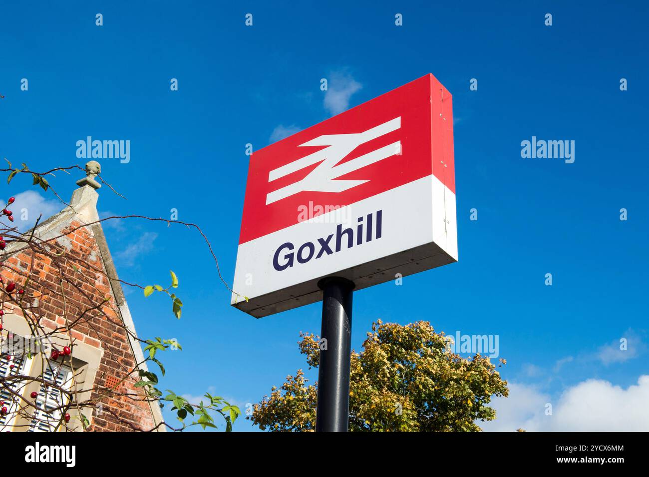 The sign and railway logo on the platform at Goxhill Train Station ...