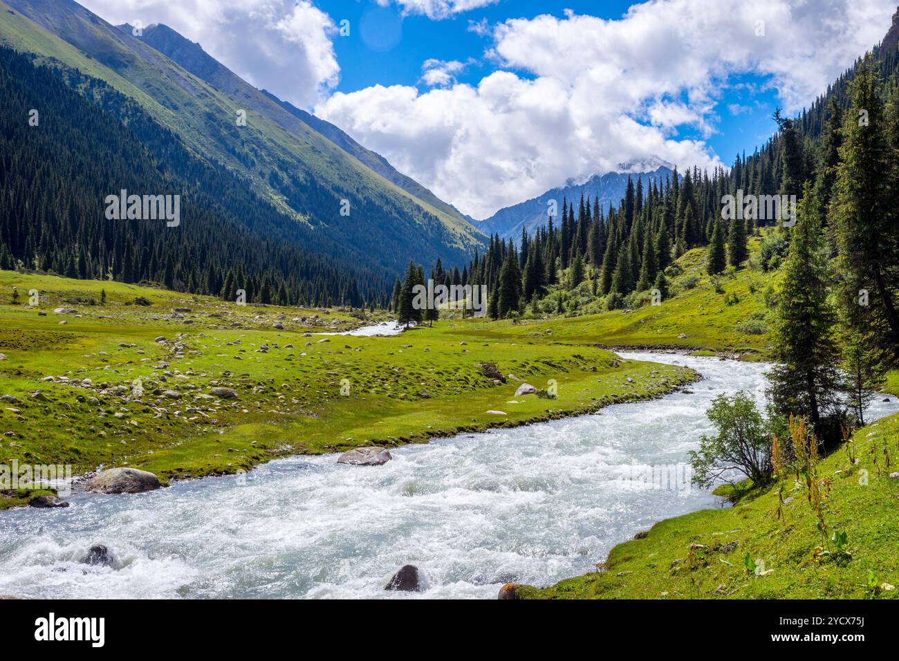 Beautiful valley with the river and meadows, Altyn Arashan, Karakol ...