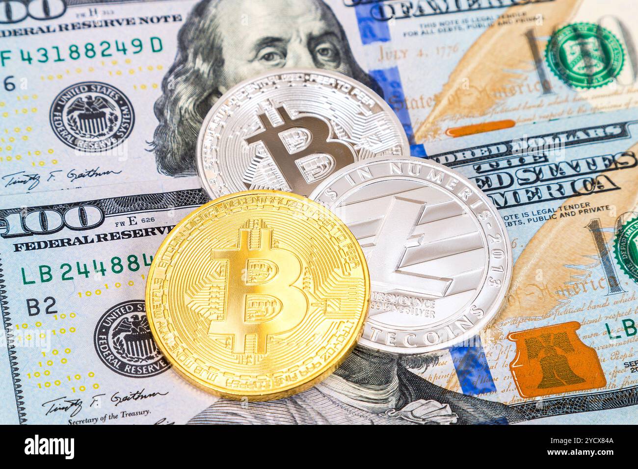 Bitcoin coins dollar bills hi-res stock photography and images - Alamy