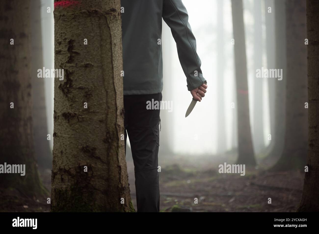 Unrecognizable Caucasian male holding a hunting knife in a foggy forest ...