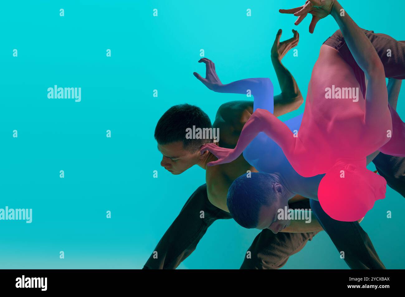 Male dancer captured in mid-movement with abstract overlays of pink and ...