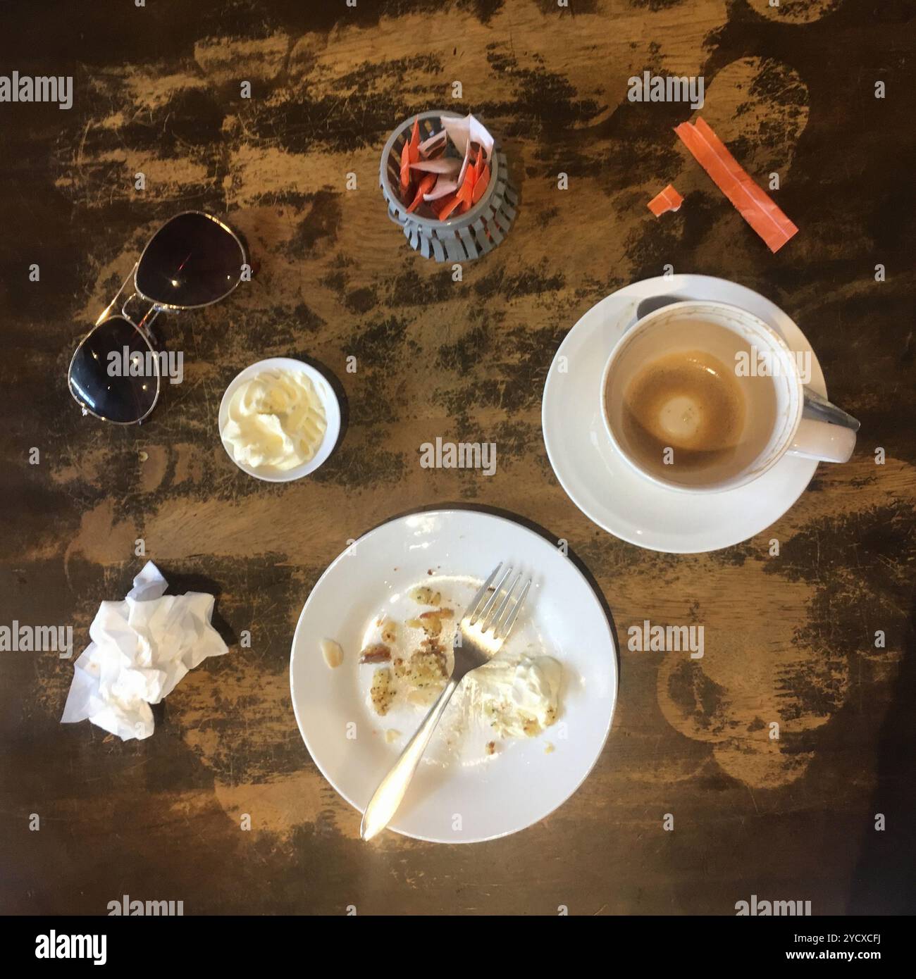 After Shot Top View finished plate and cup table in a cafe Stock Photo ...